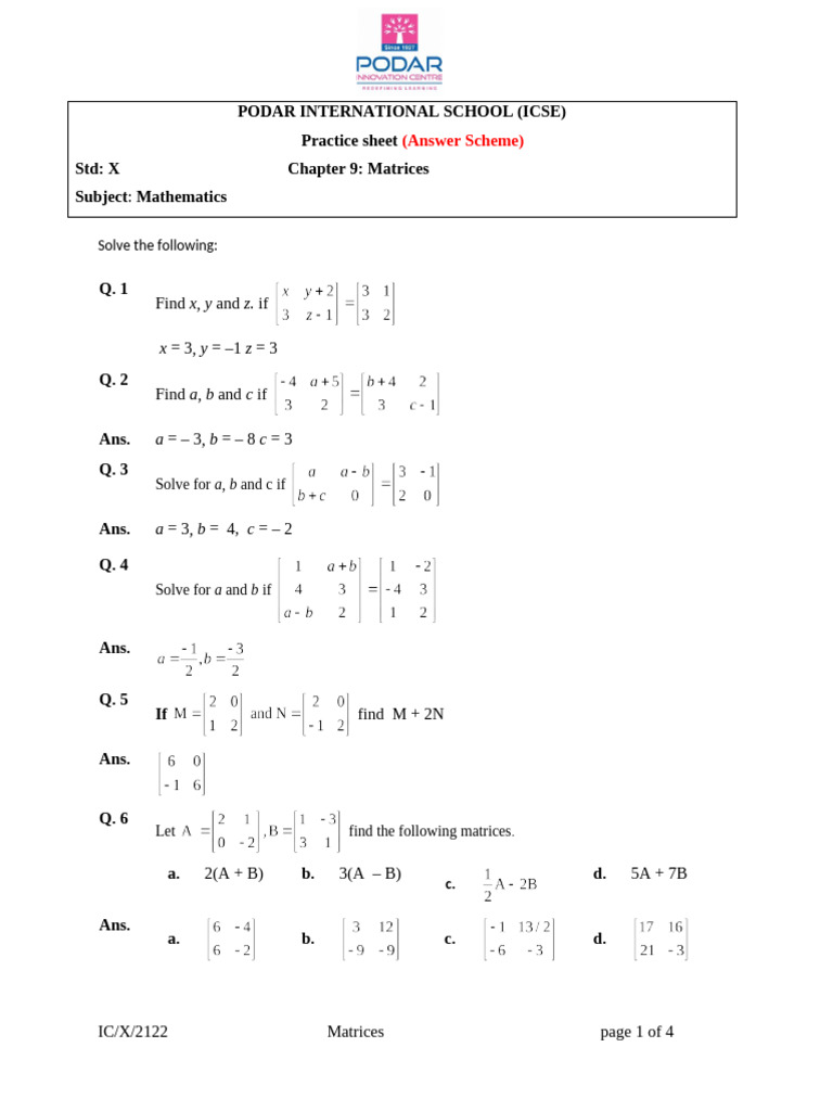 ICSE Std X Mathematics: Matrices Practice | PDF | Matrix (Mathematics ...