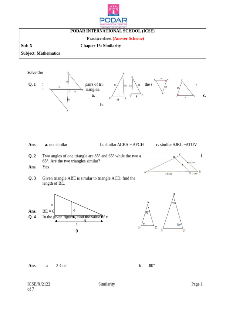 PS As ICSE X Math 15. Similarity | PDF | Area | Triangle