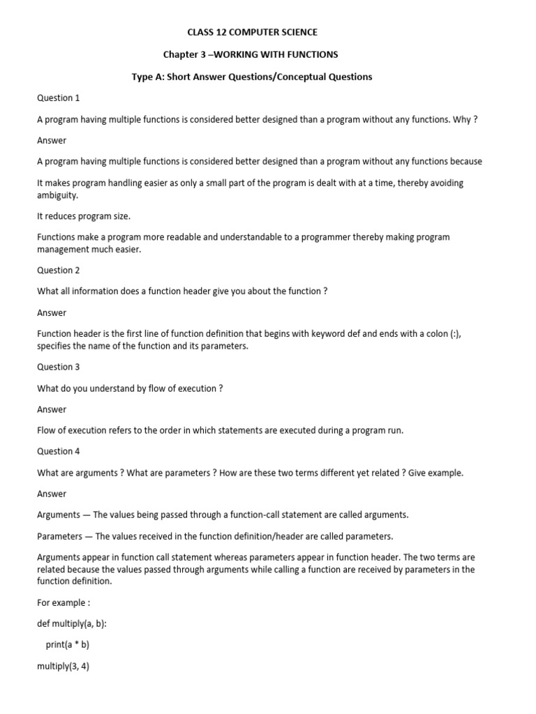 Class 12 Computer Science Chapter 3 Solutions | PDF | Parameter (Computer Programming) | Scope ...