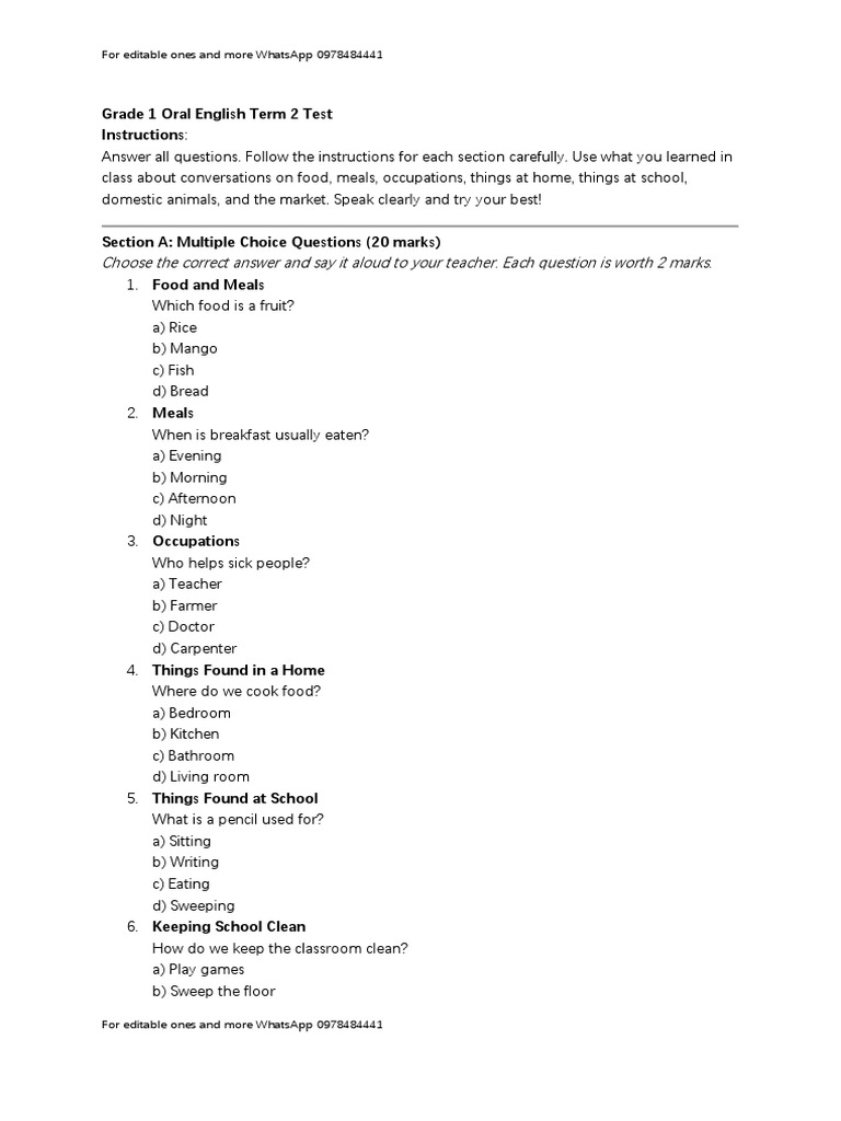 Grade 1 Oral English Test Term 2 | PDF | Meal | Foods