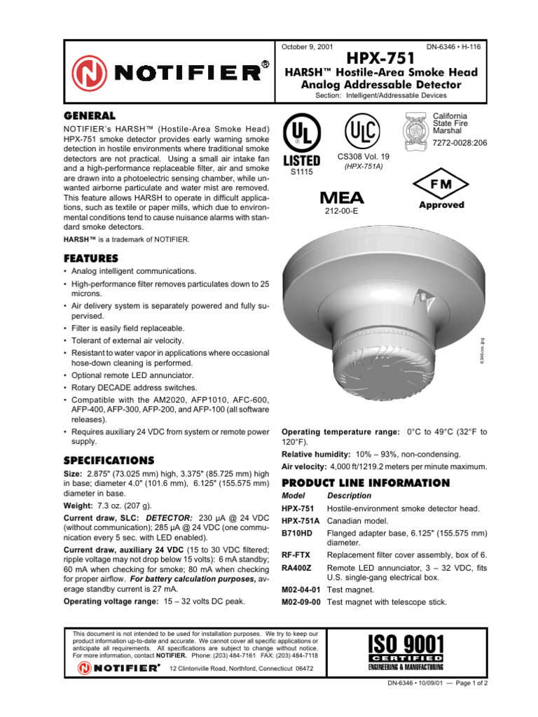 DN - 6346 - HARSH Sensor Areas Hostiles NOTIFIER HPX-751 | PDF | Smoke | Manufactured Goods