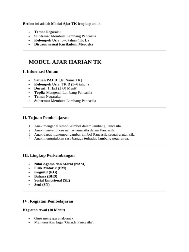 Modul Ajar TK B: Lambang Pancasila | PDF