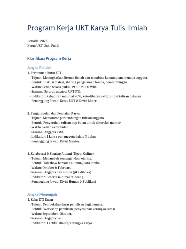 Program Kerja UKT KTI 2025 | PDF