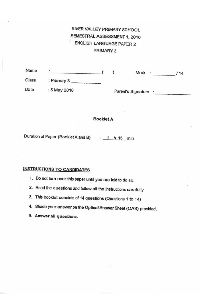 P3 English SA1 2016 River Valley | PDF