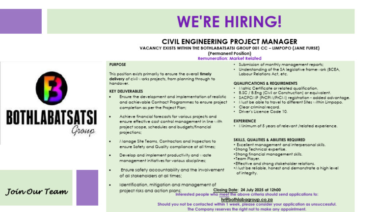 Civil Engineer Project Manager Vacancy | PDF | Safety | Business