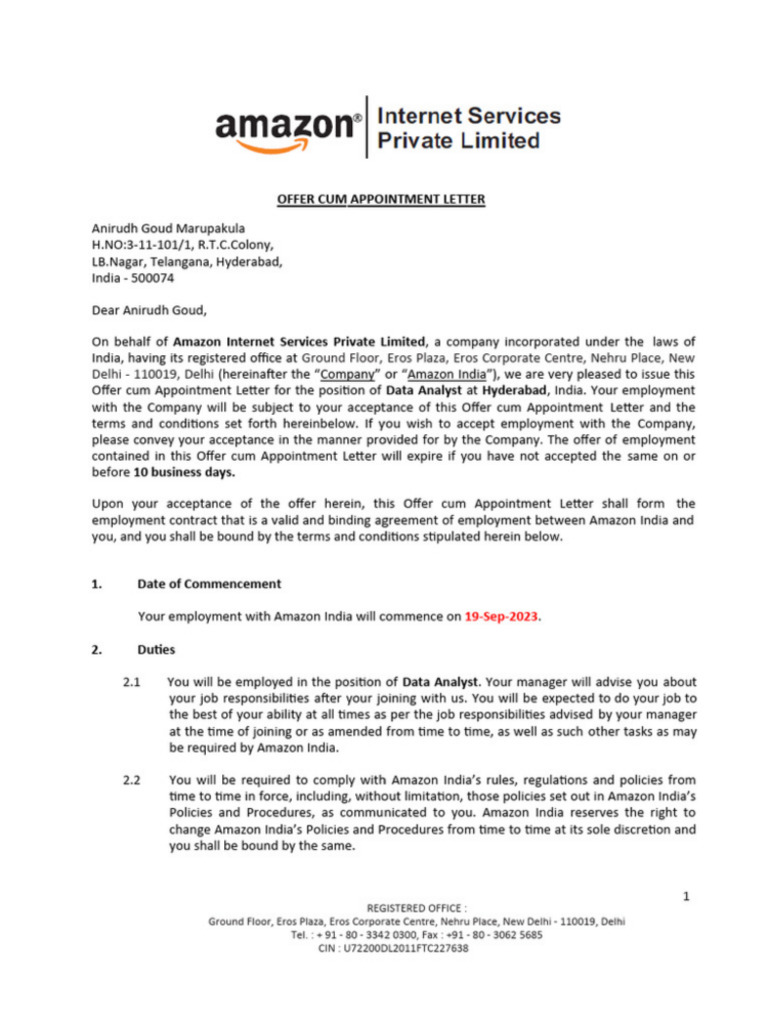 Offer Letter Sravika | PDF