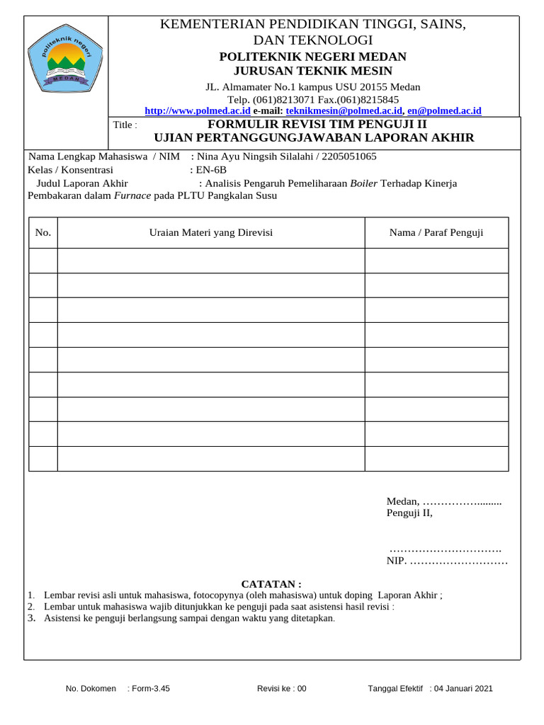 Formulir Revisi Tim Penguji II | PDF