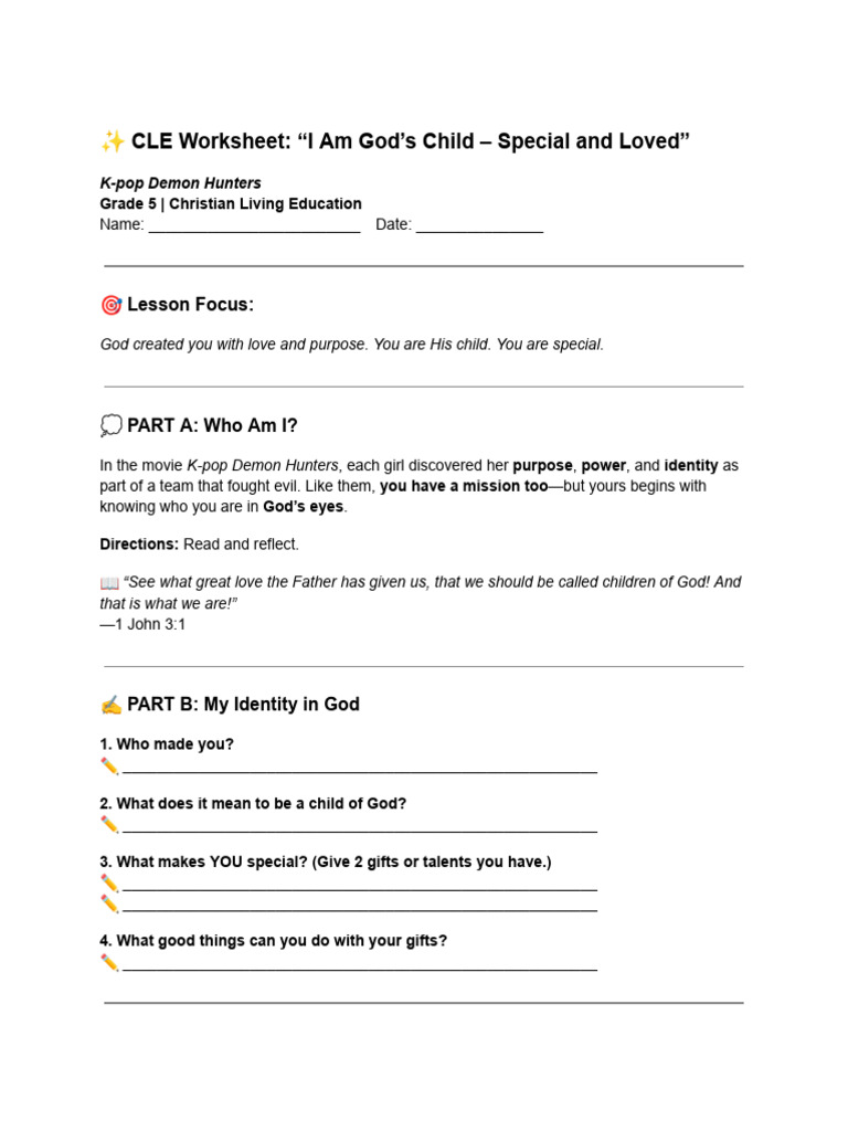 CLE Worksheet - "I Am God's Child - Special and Loved" | PDF