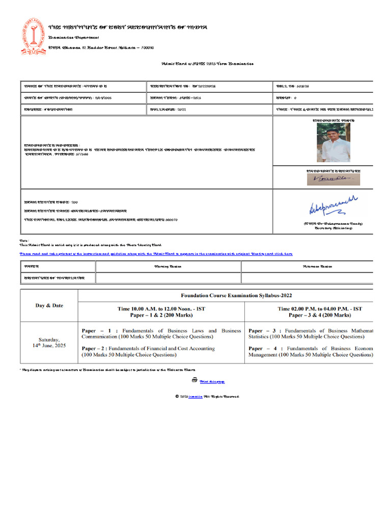 CMA Foundation Admit Card June 2025 | PDF | Government