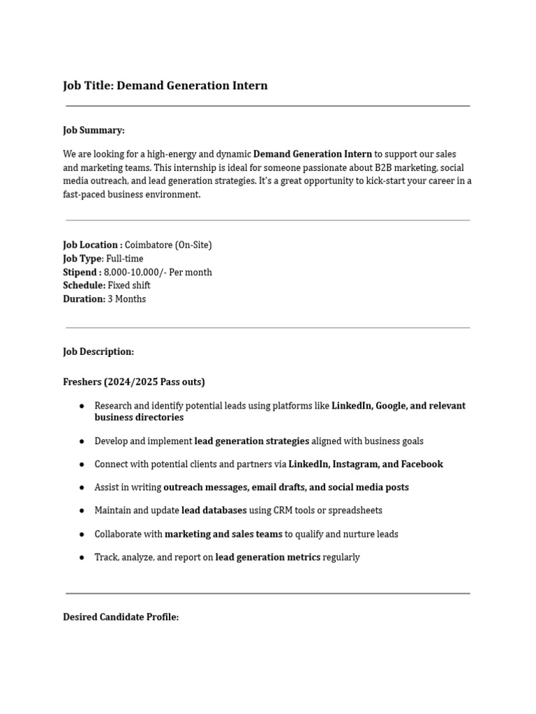 JD - Demand Generation Intern | PDF | Customer Relationship Management | Marketing