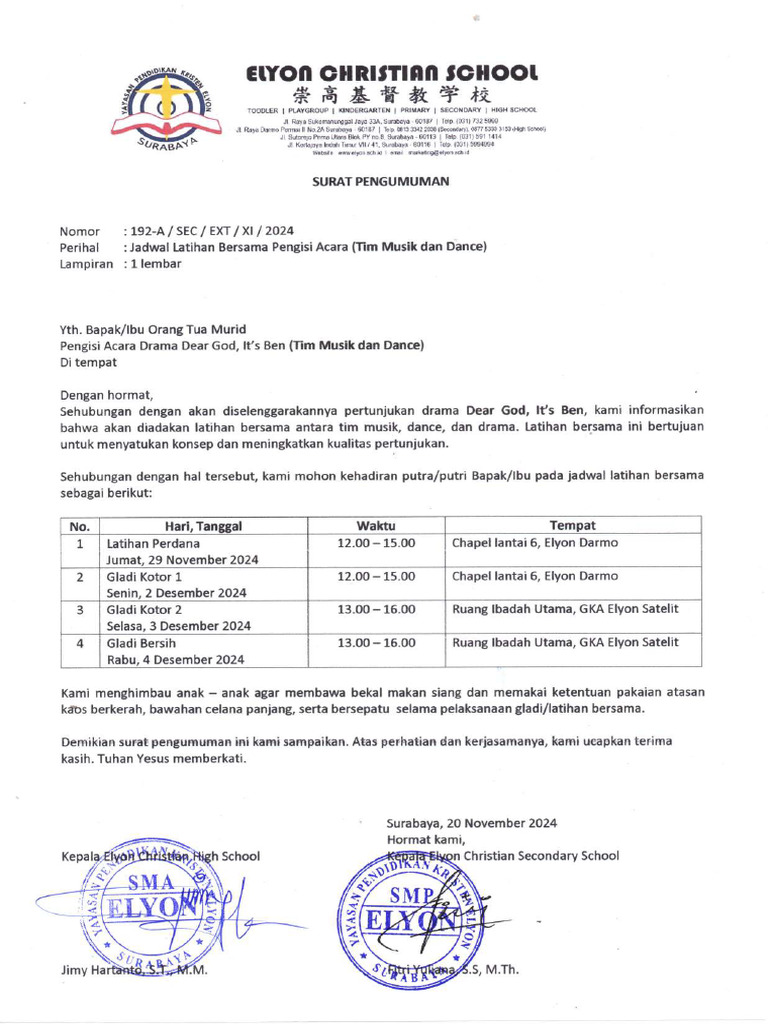Surat Pemberitahuan Jadwal Latihan Musik Dan Dance | PDF