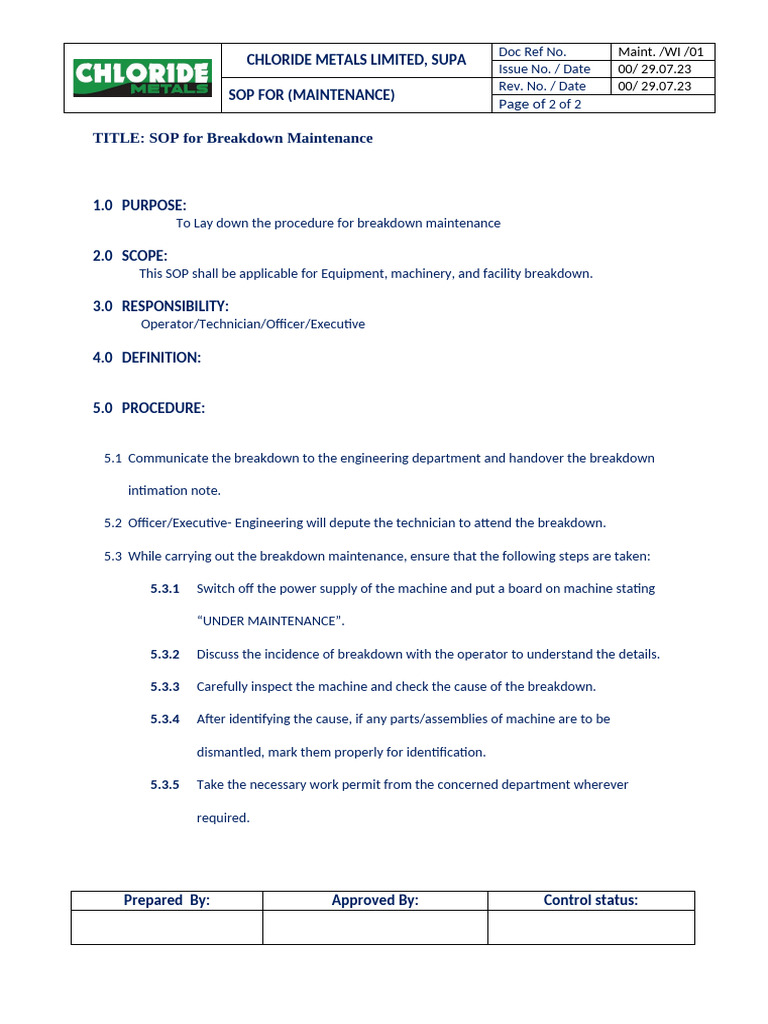 SOP For Breakdown Maintenance | PDF | Mechanical Engineering