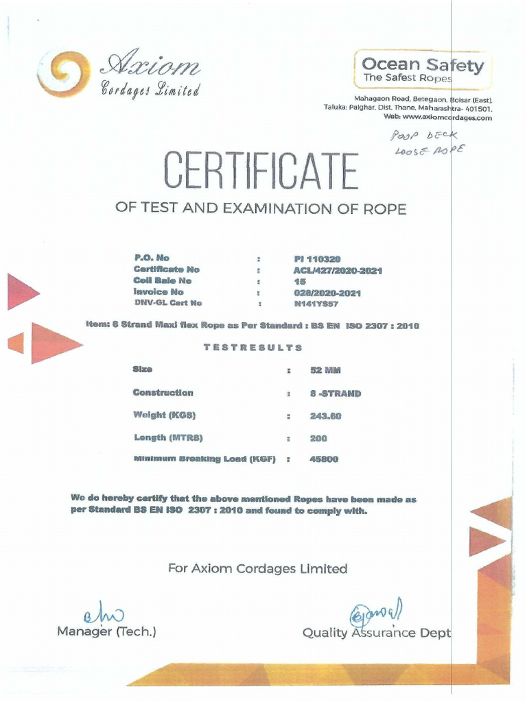 Mooring Ropes Certificates 21.07.2025-27 | PDF