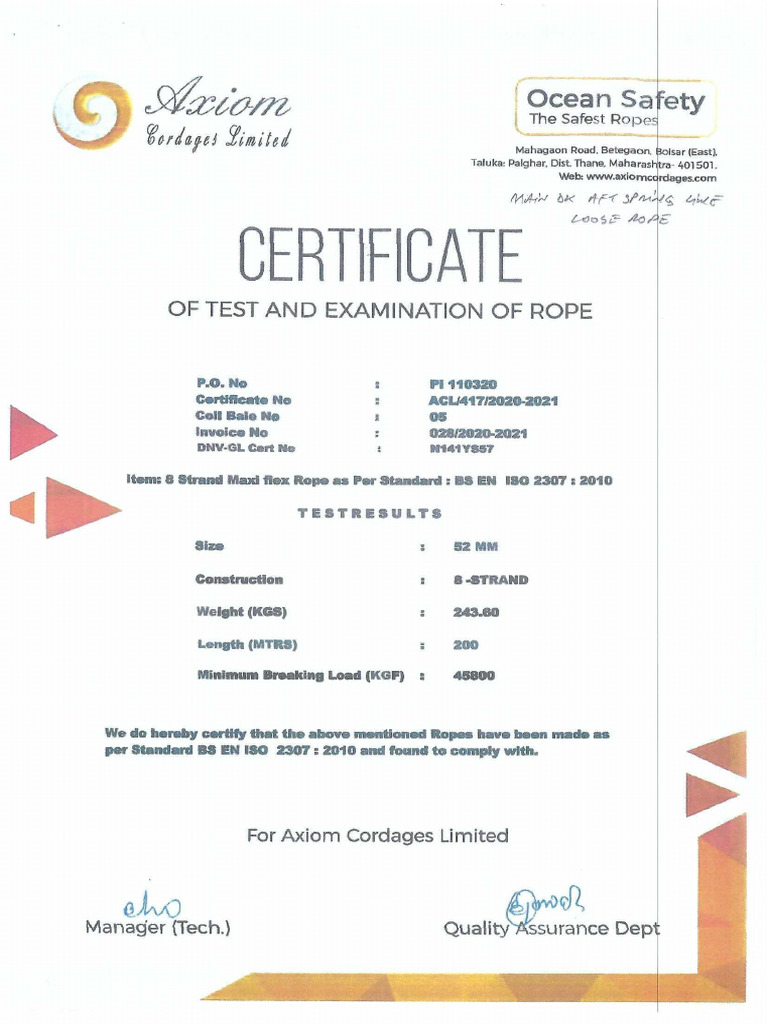 Mooring Ropes Certificates 21.07.2025-26 | PDF