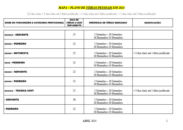 MAPA FERIAS 2024 | PDF | Férias trabalhistas | Afastamento