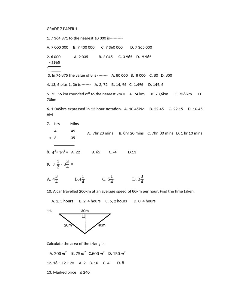 Grade 7 Mathematics Paper 1 | PDF | Litre | Quantity
