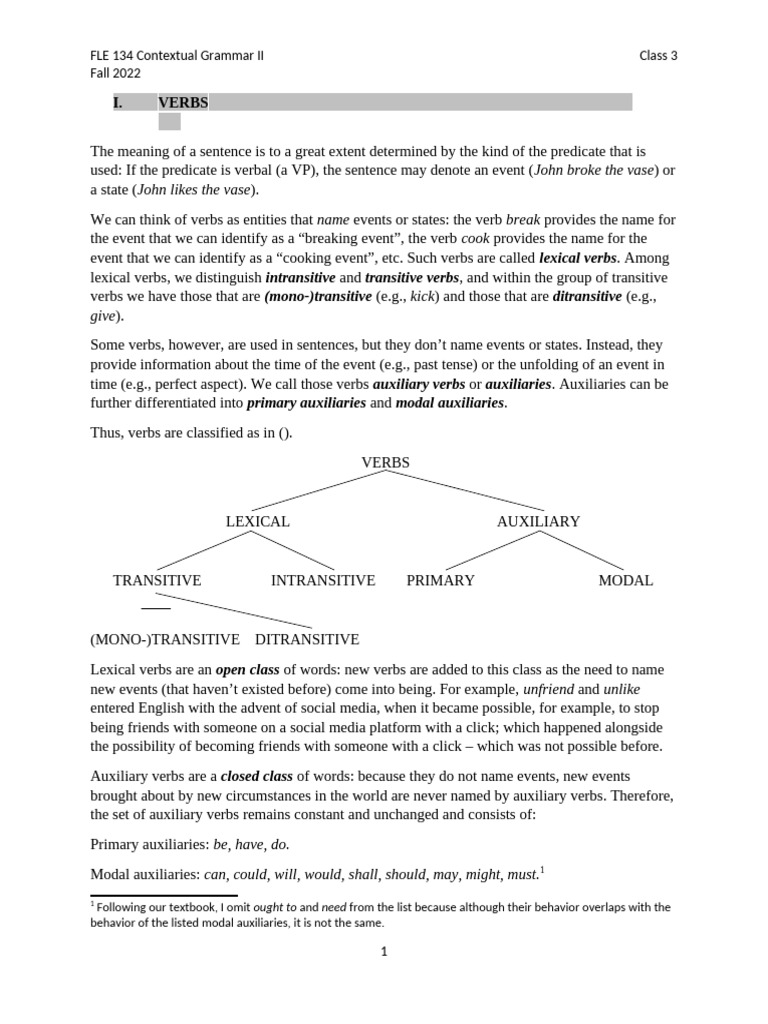 Fle 134 Class 3 Lexical vs. Auxiliary Verbs | PDF | Verb | Lexical Semantics