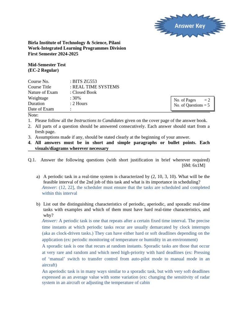 Ss Zg553 Rts Ec2r Regular Answer-Key Set-A Mid Term | PDF | Scheduling (Computing) | Real Time ...