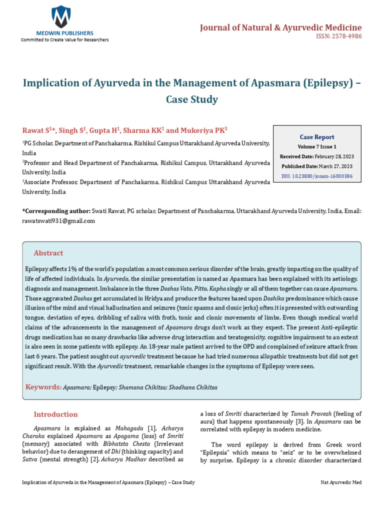 Implication of Ayurveda in The Management of Apasmara Epilepsy Case ...