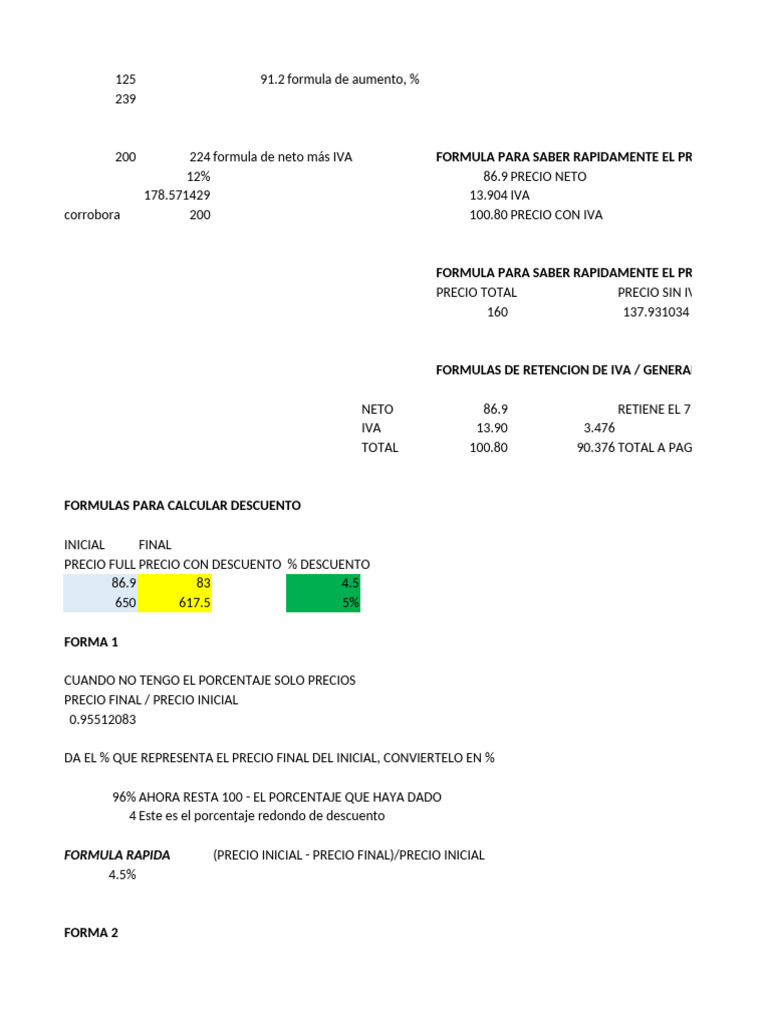 Formulas de Excel (Chuleta) | PDF | Porcentaje | Economias