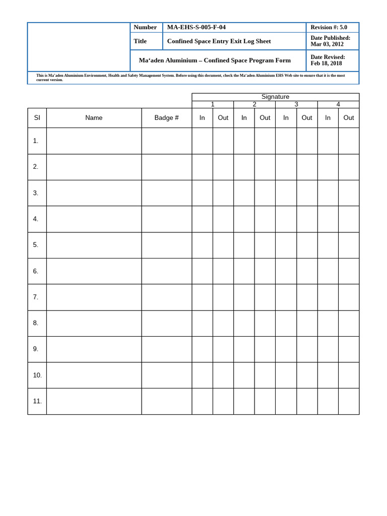 Confined Space Entry Log Sheet | PDF