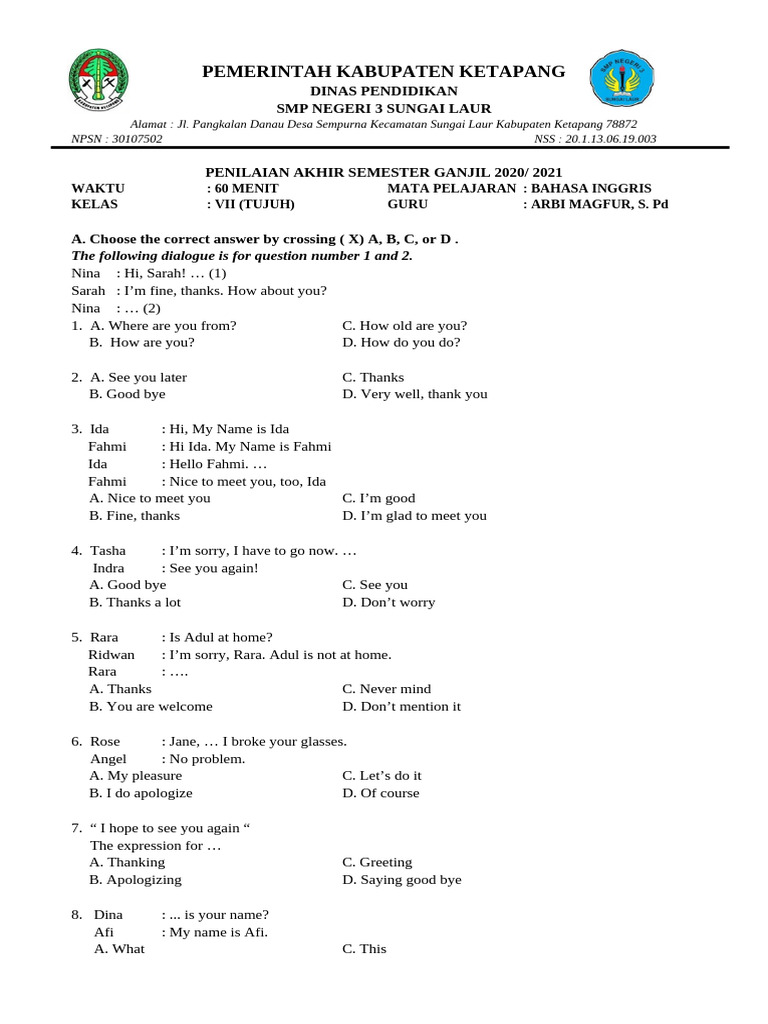 Soal Kelas 7 Semester 1 B Inggris | PDF | Chess Openings | Chess Theory