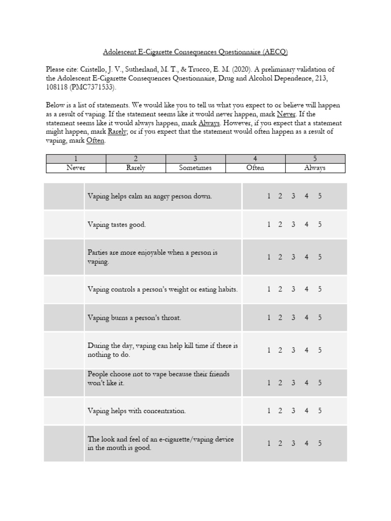 Adolescent E Cigarette Consequences Questionnaire | PDF | Electronic ...