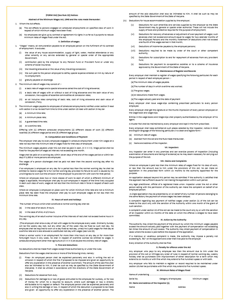 FORM IXA Abstract Under The Minimum Wages Act, 1948 (English Version ...