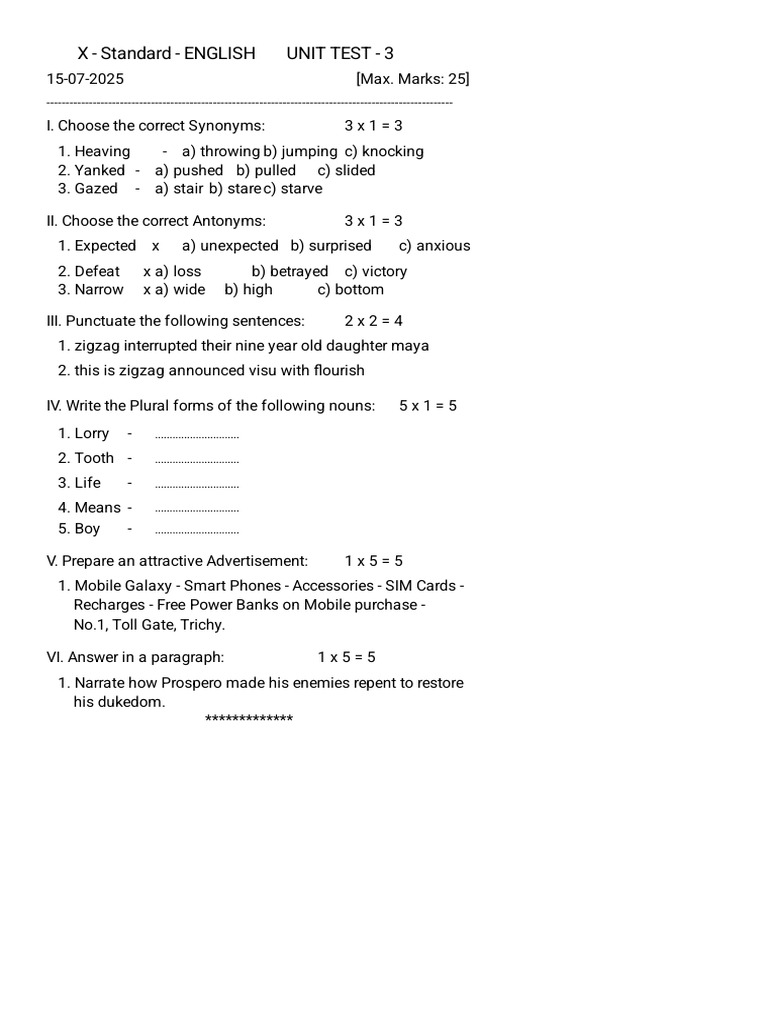 Eng - Unit Test-3 | PDF