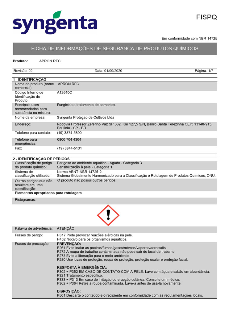FISPQ do Fungicida Apron RFC | PDF | Toxicidade | Desperdício