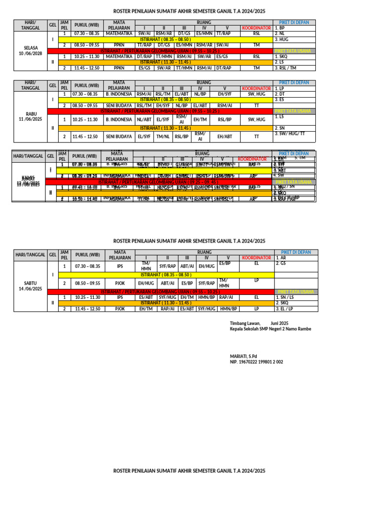 Jadwal Mengawas Sem 2 2025 Kelas 7,8 | PDF