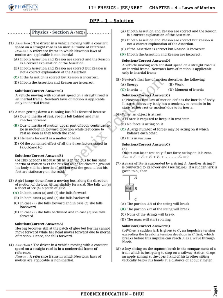 11th Physics - CHP - 4 - Laws of Motion - JEE NEET - DPP - 1 - Solution | PDF