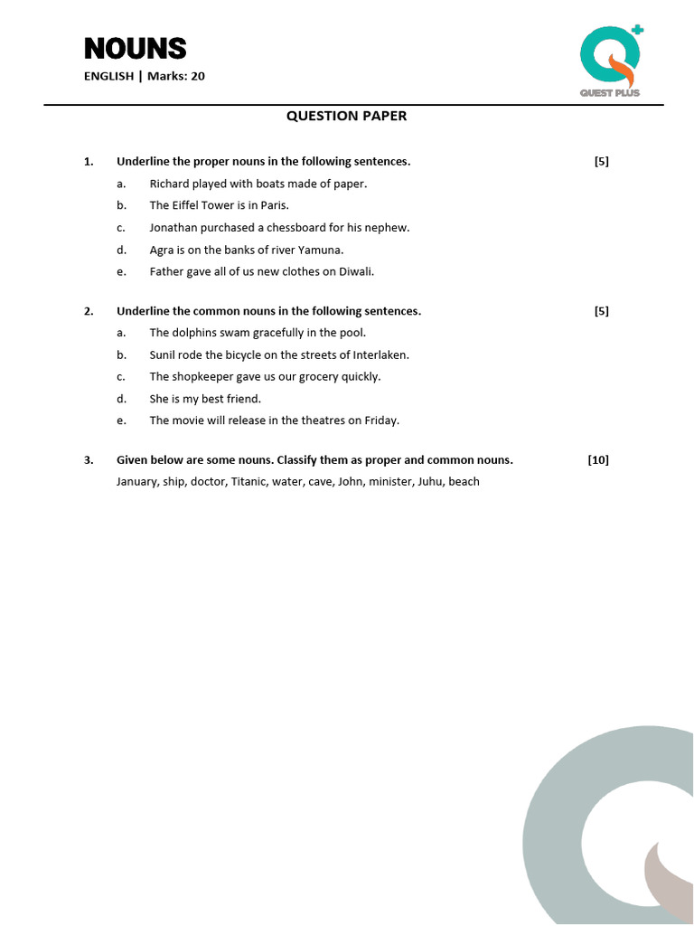 Common and Proper Nouns - PTP Question Paper133522108201796302 | PDF