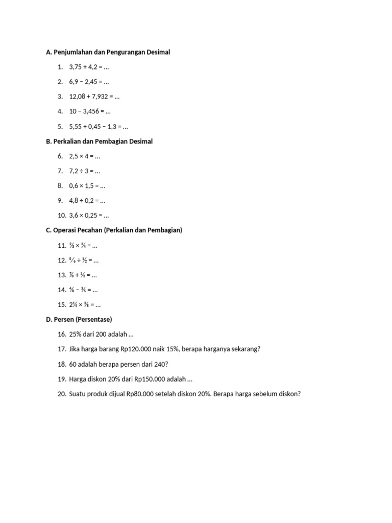 Operasi Matematika Dasar Desimal dan Pecahan | PDF