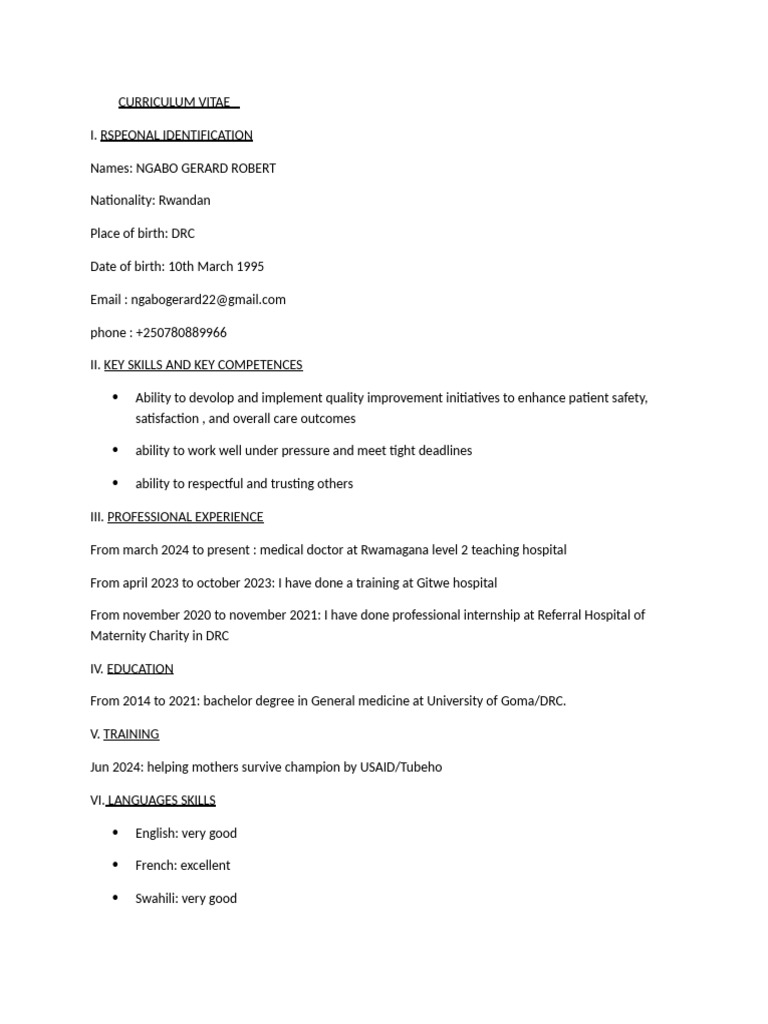 Rwandan Medical Doctor CV | PDF