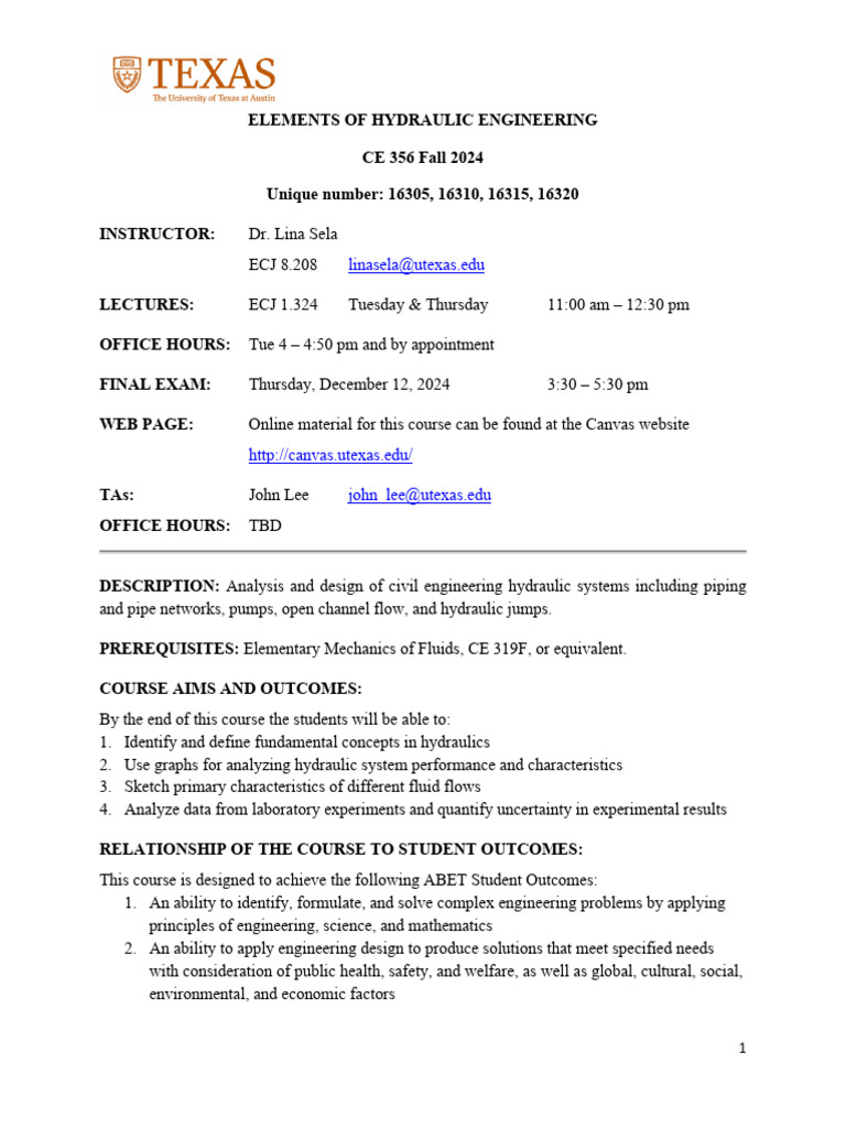 CE 356 Syllabus - Sela - FA24 | PDF | Engineering | Hydraulic Engineering