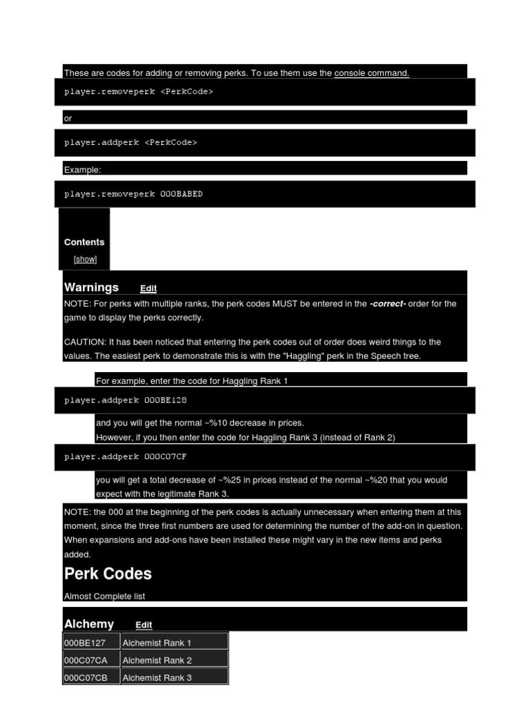 Perk Codes: Warnings | PDF | Alchemy | Leisure