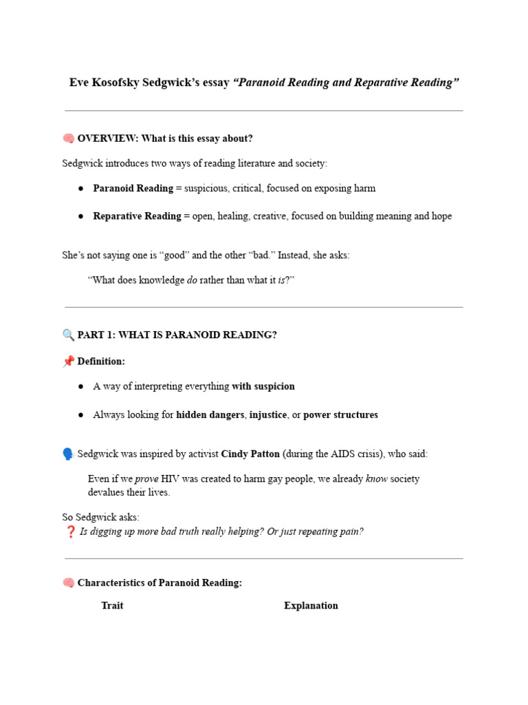 Paranoid vs. Reparative Reading Explained | PDF | Paranoia | Psychology