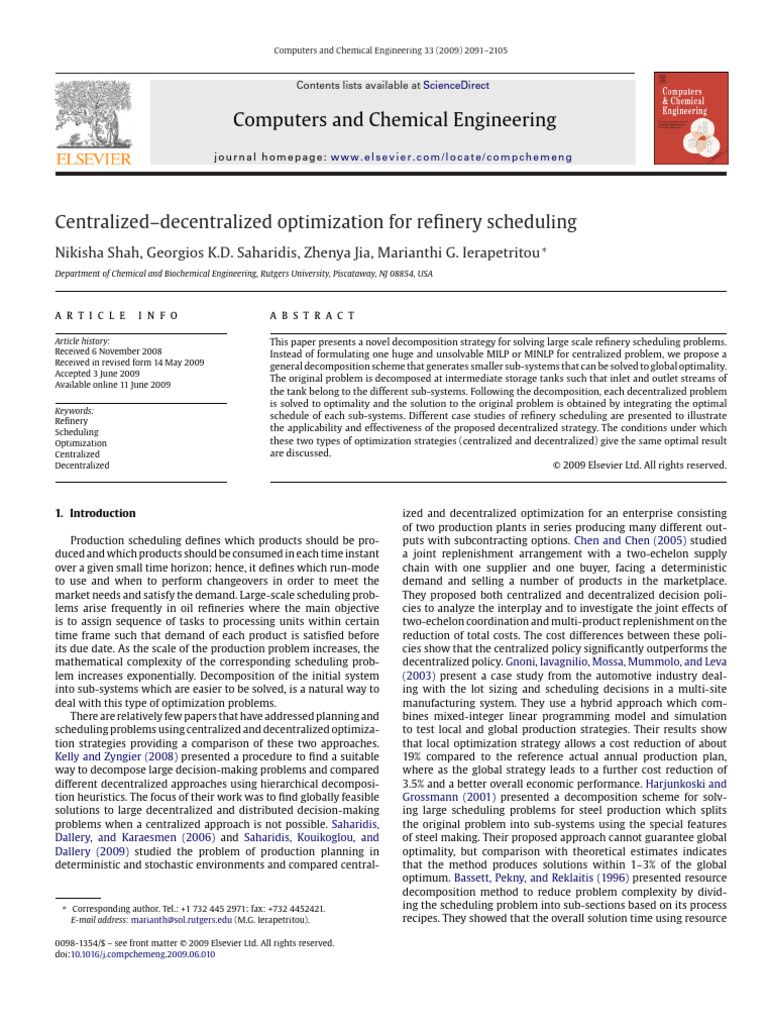 Decentralized Optimization in Refinery Scheduling | PDF | Mathematical ...