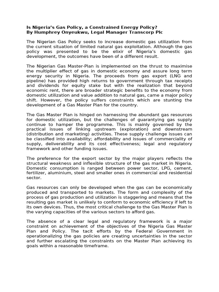 Nigeria's Gas Policy: Constraints Revealed | PDF | Natural Gas | Policy