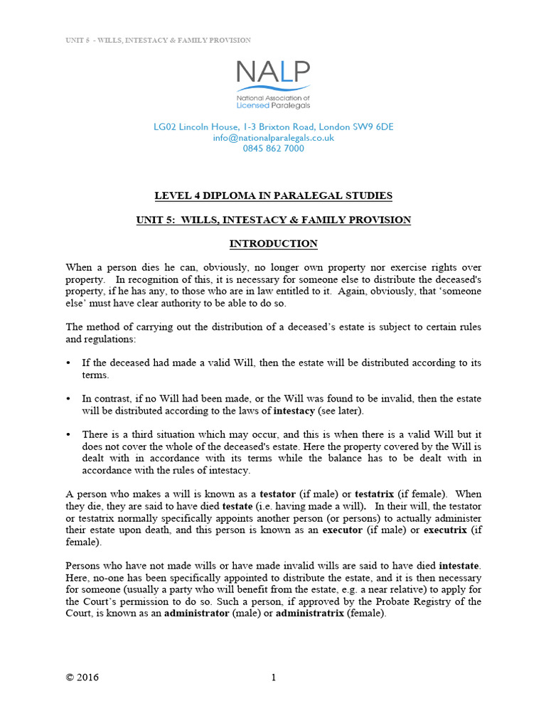 Unit 5 - Wills, AdminandFamProvision v3 | PDF | Will And Testament ...
