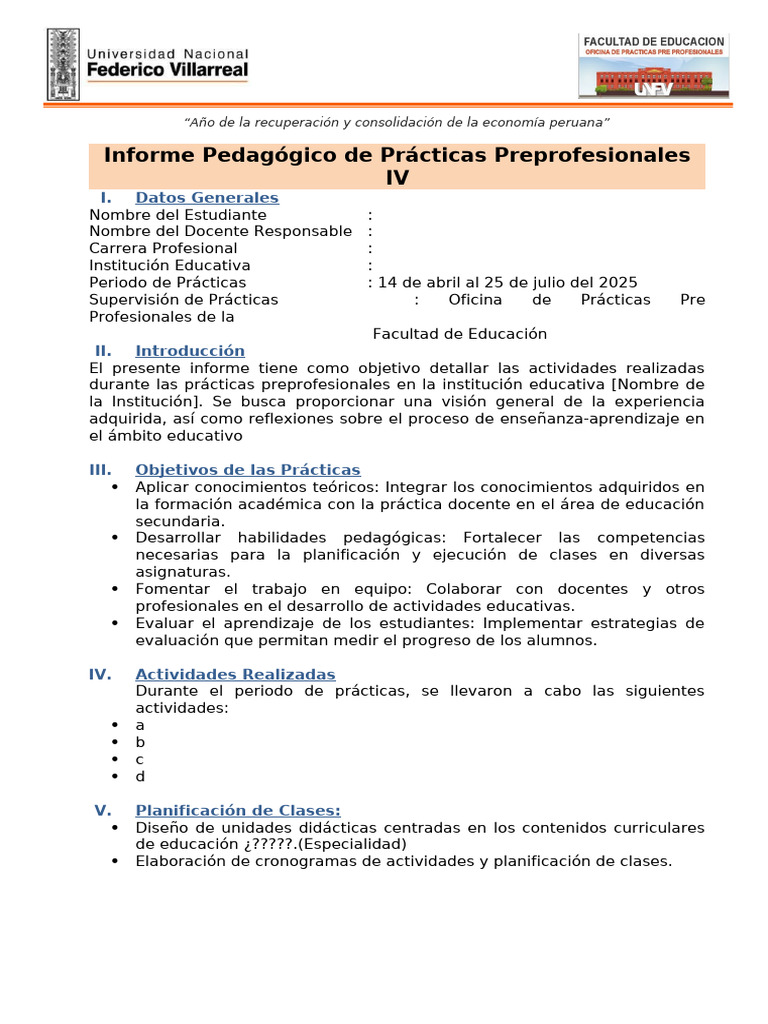 Informe Pedagógico de Prácticas Preprofesionales de Educación ...