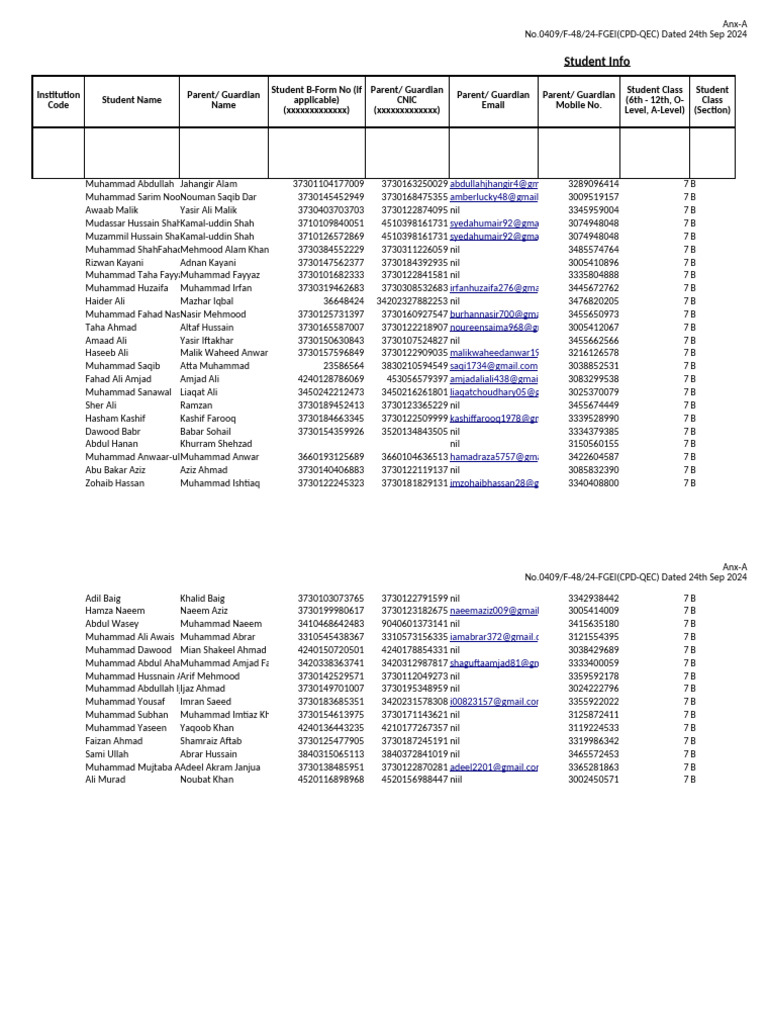 Students Info Class 7B - Anx-A | PDF | Pakistan