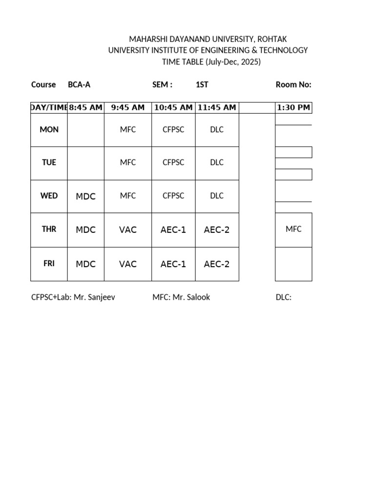 BCA 1st Sem. Time Table July-2025 | PDF