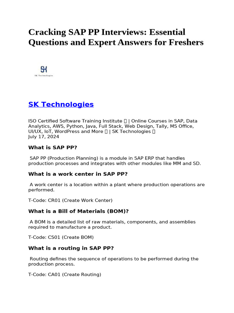 Cracking SAP PP Interviews Question | PDF | Production And Manufacturing