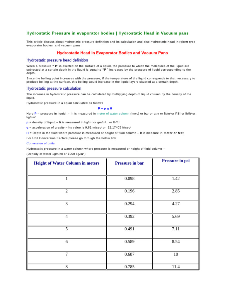 Hydrostatic Pressure in Evaporators | PDF | Pressure | Liquids