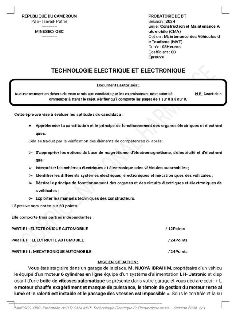 Corrigé Harmonisé Techno Electrique Et Electronique PB BT CMA MVT 2022_02 Par DJOKO Modif ...