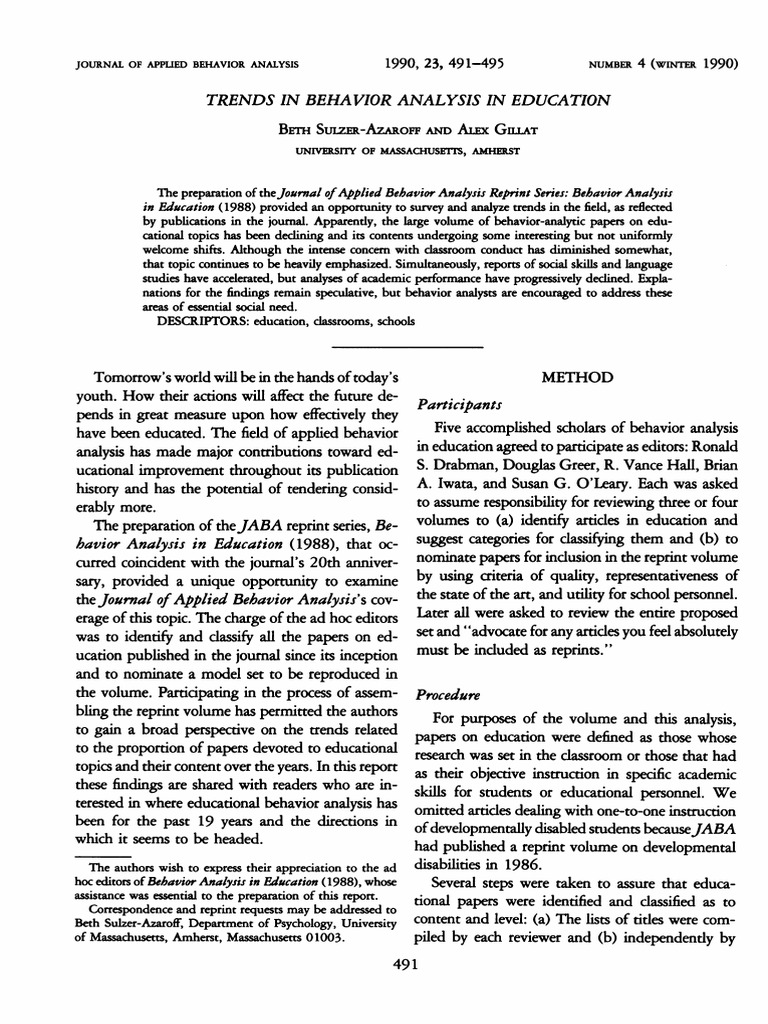 Sulzer-Azaroff e Gillat (1990) Trends in Behavior Analysis in Education ...