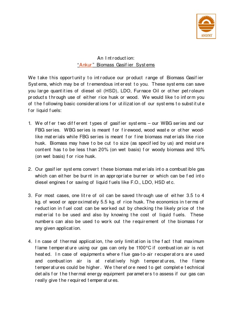 Ankur Biomass Gasifier Systems | PDF | Gasification | Biomass