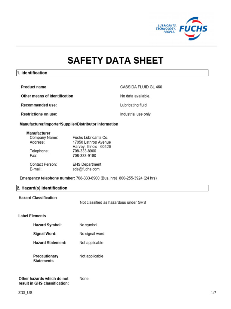 Sds Cassida Fluid GL 460 04-03-2024 English | PDF | Workplace | Working Conditions